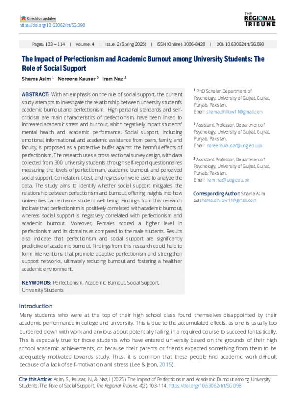 (PDF) The Impact of Perfectionism and Academic Burnout among University Students: The Role of ...