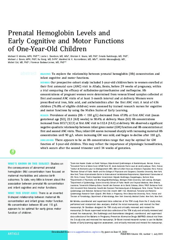 (PDF) Prenatal Hemoglobin Levels and Early Cognitive and Motor ...