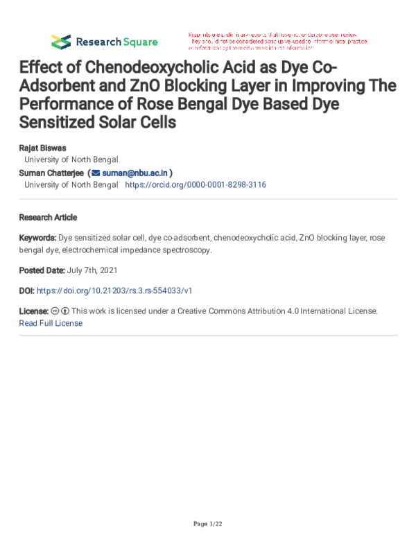 (PDF) Effect of chenodeoxycholic acid as dye co-adsorbent and ZnO blocking layer in improving ...