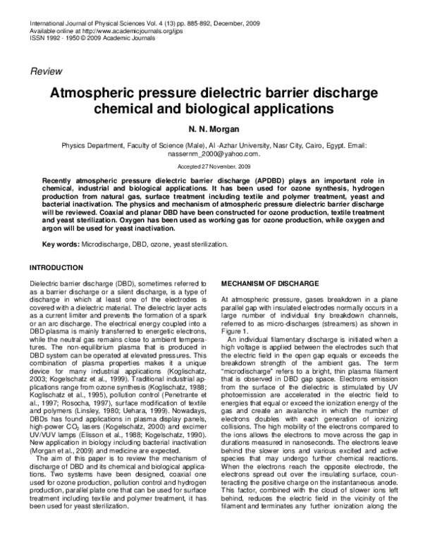 (PDF) Atmospheric pressure dielectric barrier discharge chemical and ...
