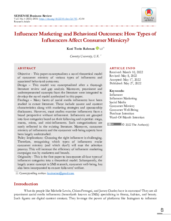 (PDF) Influencer Marketing and Behavioral Outcomes: How Types of ...