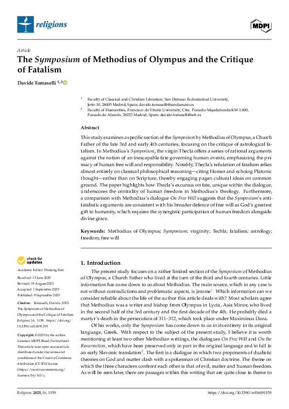 (PDF) The Symposium of Methodius of Olympus and the Critique of Fatalism