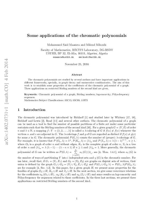 (PDF) Some applications of the chromatic polynomials