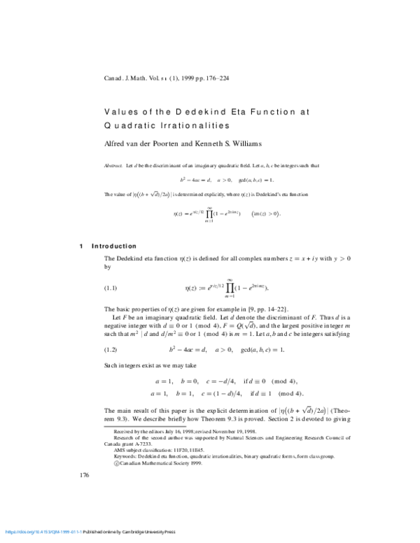 (PDF) Values of the Dedekind Eta Function at Quadratic Irrationalities