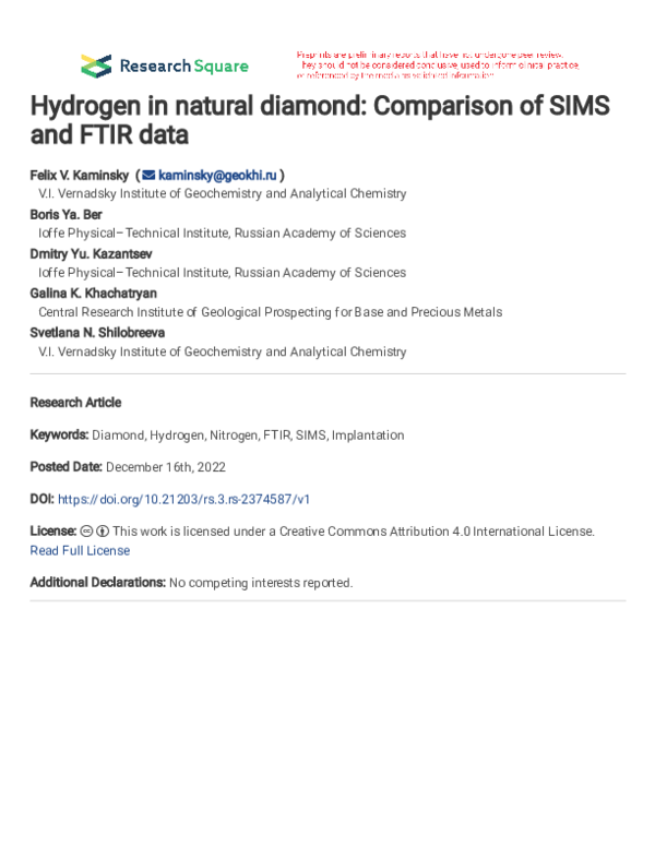(PDF) Hydrogen in natural diamond: Comparison of SIMS and FTIR data