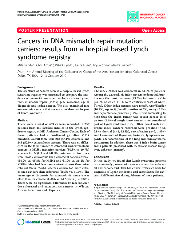 (PDF) Cancers in DNA mismatch repair mutation carriers: results from a ...