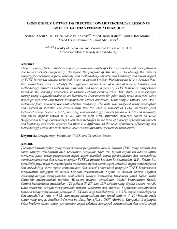 (PDF) Competency of Tvet Instructor Toward Technical Lesson in Institut ...