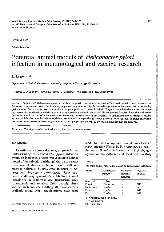 (PDF) Potential animal models of Helicobacter pylori infection in ...