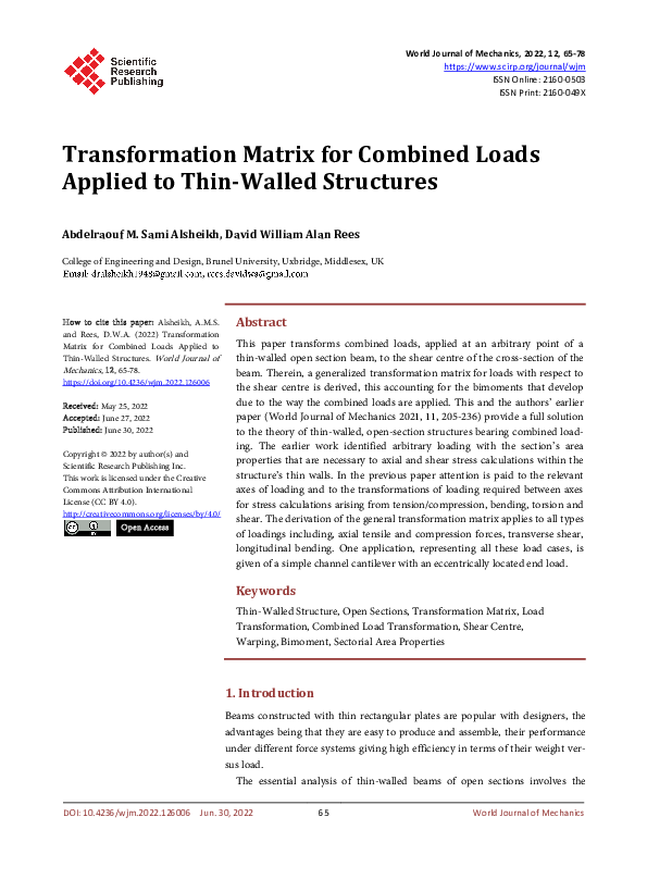 (PDF) Transformation Matrix for Combined Loads Applied to Thin-Walled Structures