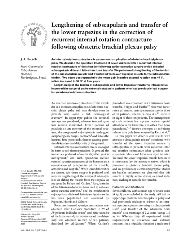 (PDF) Lengthening of subscapularis and transfer of the lower trapezius ...