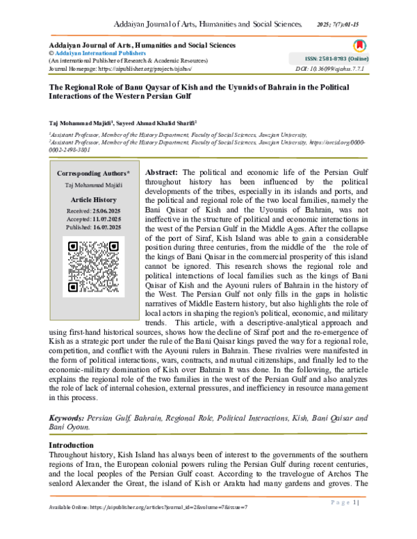 (PDF) The Regional Role of Banu Qaysar of Kish and the Uyunids of ...
