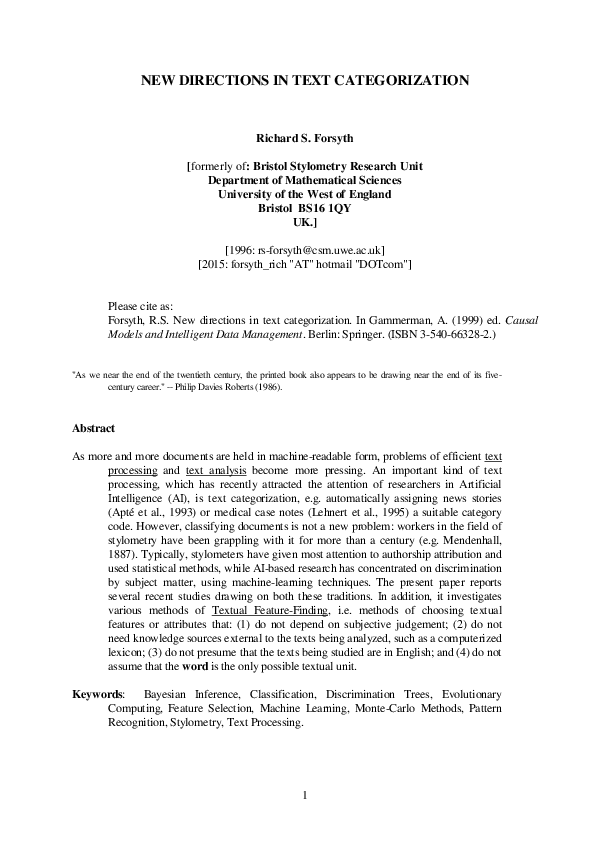 (PDF) New Directions in Text Categorization