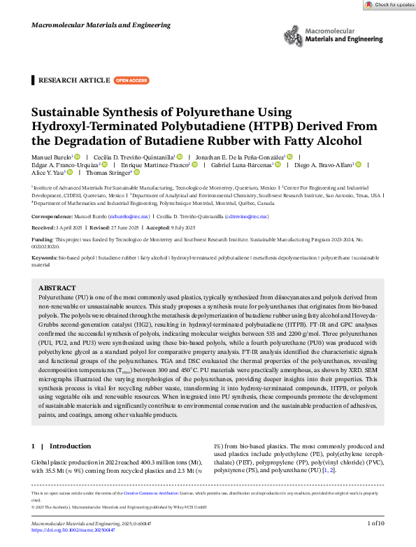 (PDF) Sustainable Synthesis of Polyurethane Using Hydroxyl-Terminated ...