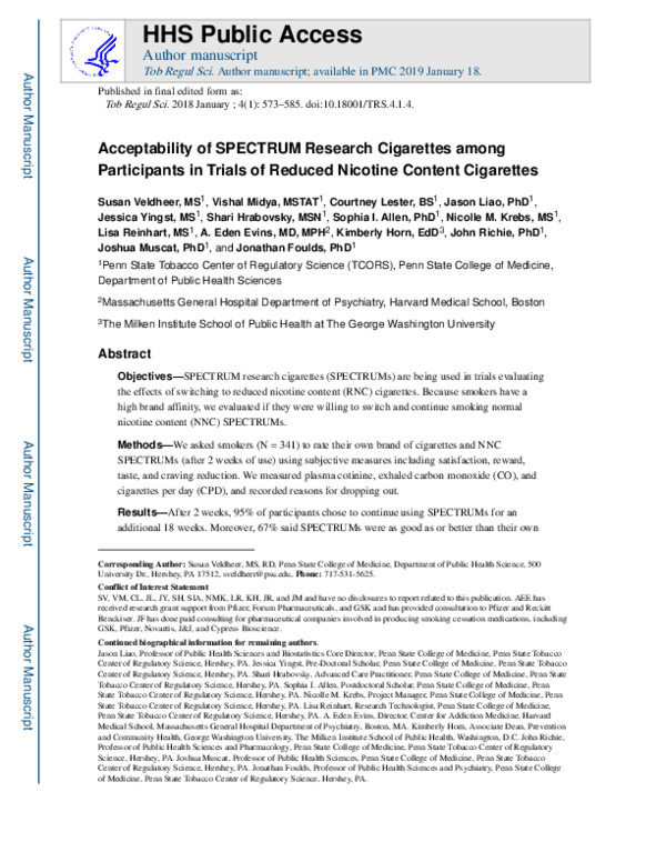 (PDF) Acceptability of SPECTRUM Research Cigarettes among Participants ...