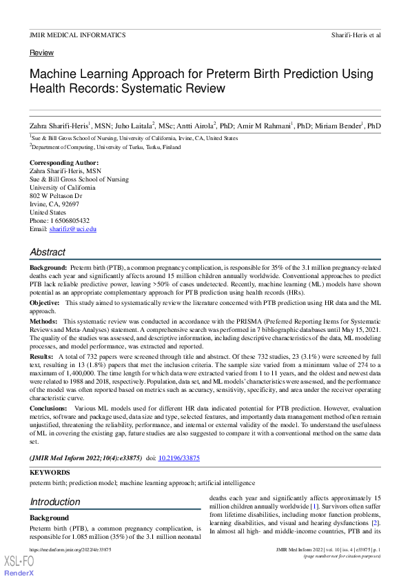 (PDF) Machine Learning Approach for Preterm Birth Prediction Using ...