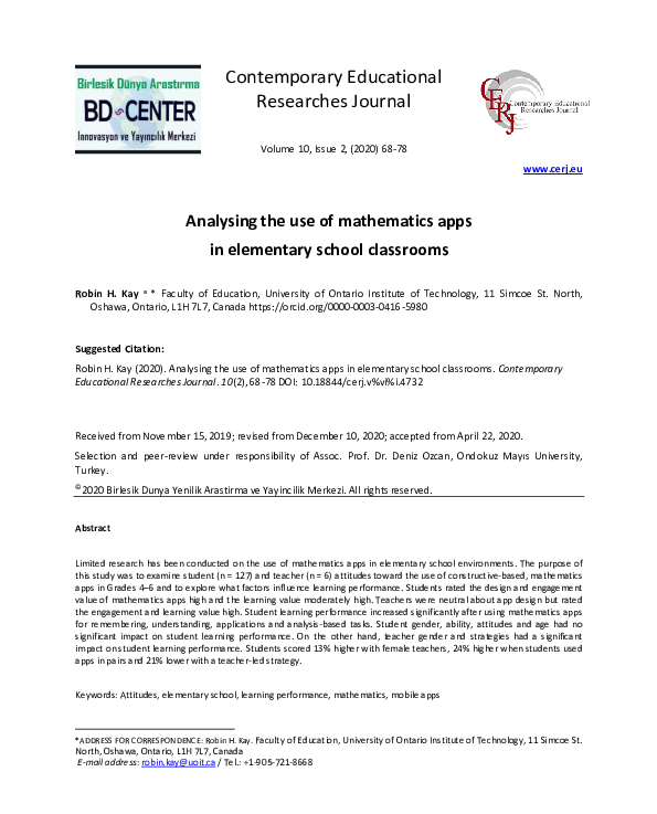 (PDF) Analyzing the use of mathematics apps in elementary school classrooms