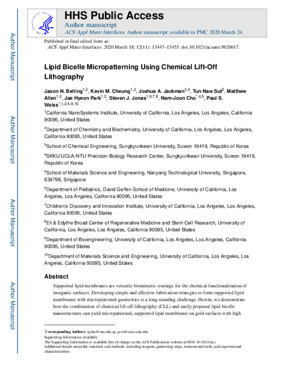 (PDF) Lipid Bicelle Micropatterning Using Chemical Lift-Off Lithography