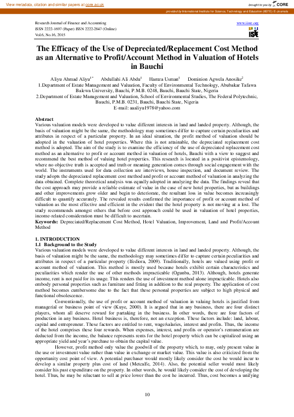 (PDF) The Efficacy of the Use of Depreciated/Replacement Cost Method as an Alternative to Profit ...