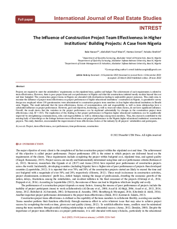 (PDF) The Influence of Construction Project Team Effectiveness in ...