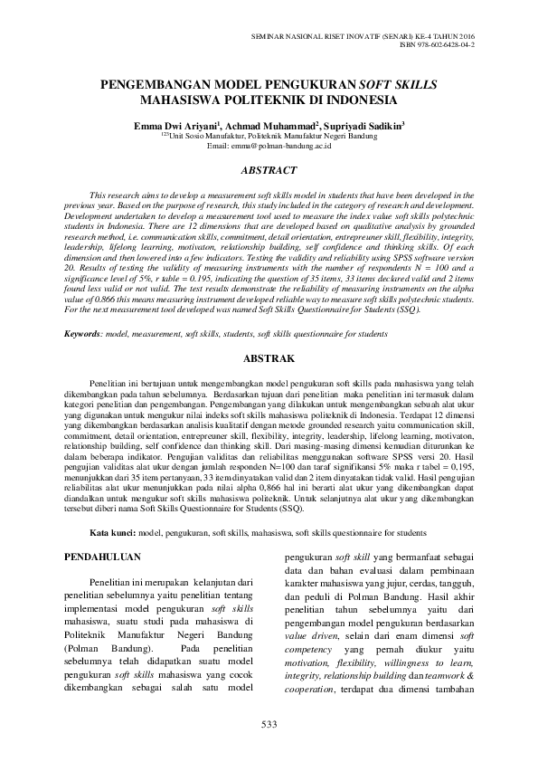 (PDF) Pengembangan Model Pengukuran Soft Skills Mahasiswa Politeknik DI Indonesia