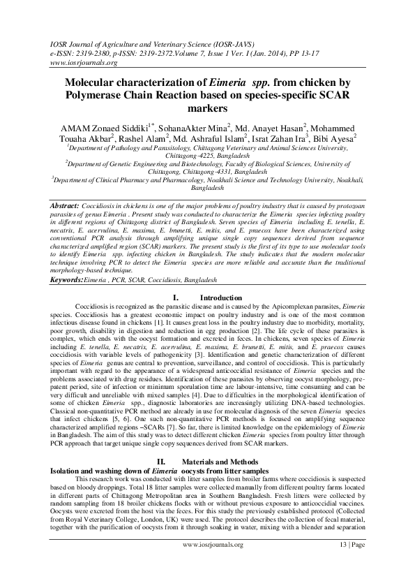 (PDF) Molecular characterization of Eimeria spp. from chicken by Polymerase Chain Reaction based ...