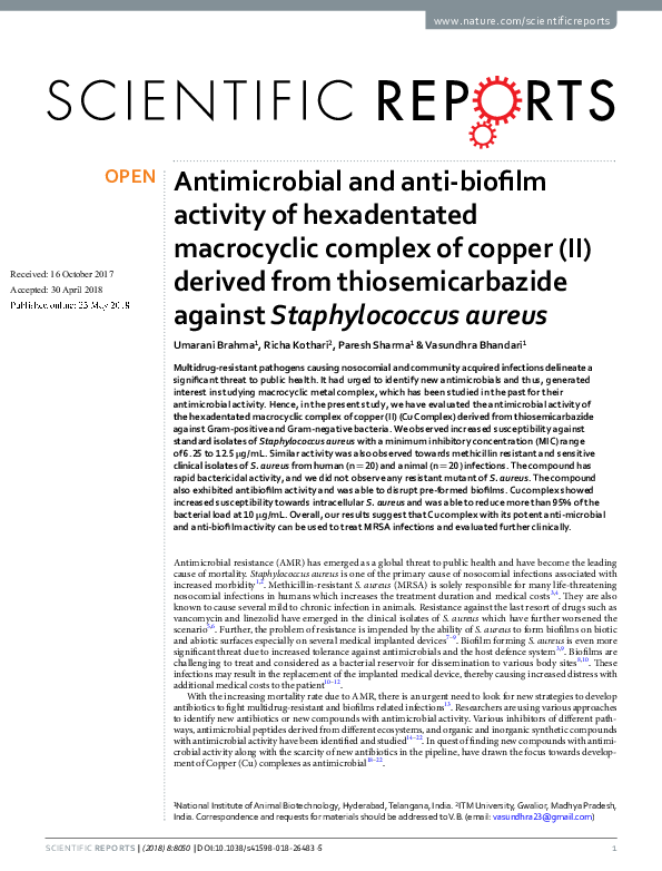 (PDF) Antimicrobial and anti-biofilm activity of hexadentated macrocyclic complex of copper (II ...