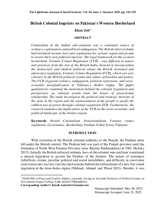 (PDF) British Colonial Imprints on Pakistan's Western Borderland