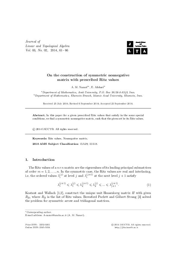 (PDF) On the construction of symmetric nonnegative matrix with prescribed Ritz values