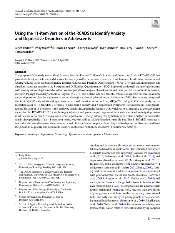 (PDF) Using the 11-item Version of the RCADS to Identify Anxiety and ...