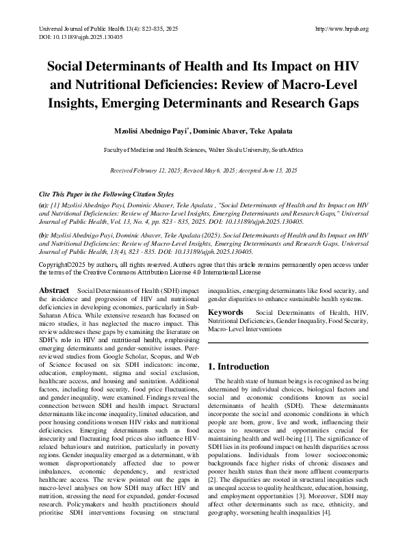 (PDF) Social Determinants of Health and Its Impact on HIV and Nutritional Deficiencies: Review ...