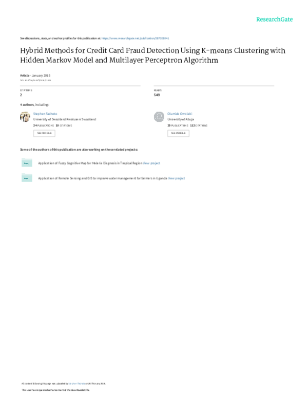 (PDF) Hybrid Methods for Credit Card Fraud Detection Using K-means Clustering with Hidden Markov ...
