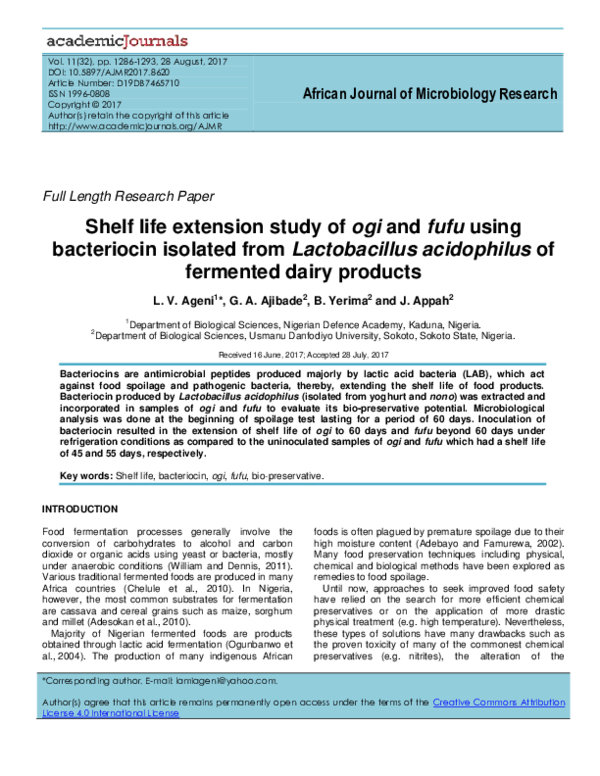 (PDF) Shelf life extension study of ogi and fufu using bacteriocin ...