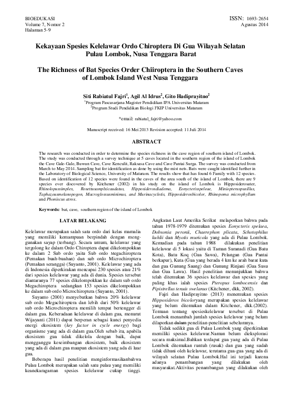 (PDF) Kekayaan Spesies Kelelawar Ordo Chiroptera Di Gua Wilayah Selatan ...