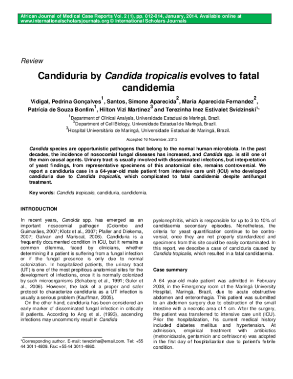 (PDF) Candiduria by Candida tropicalis evolves to fatal candidemia