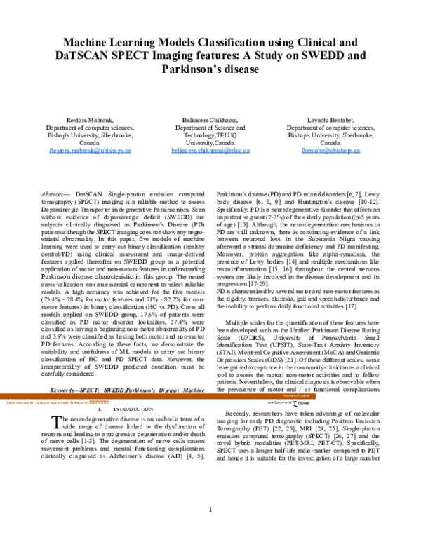 (PDF) Machine Learning Based Classification Using Clinical and DaTSCAN SPECT Imaging Features: A ...