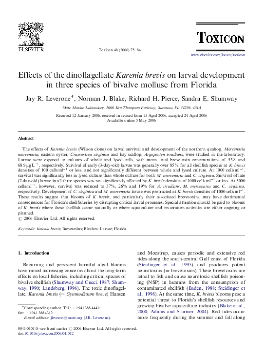 (PDF) Effects of the dinoflagellate Karenia brevis on larval ...