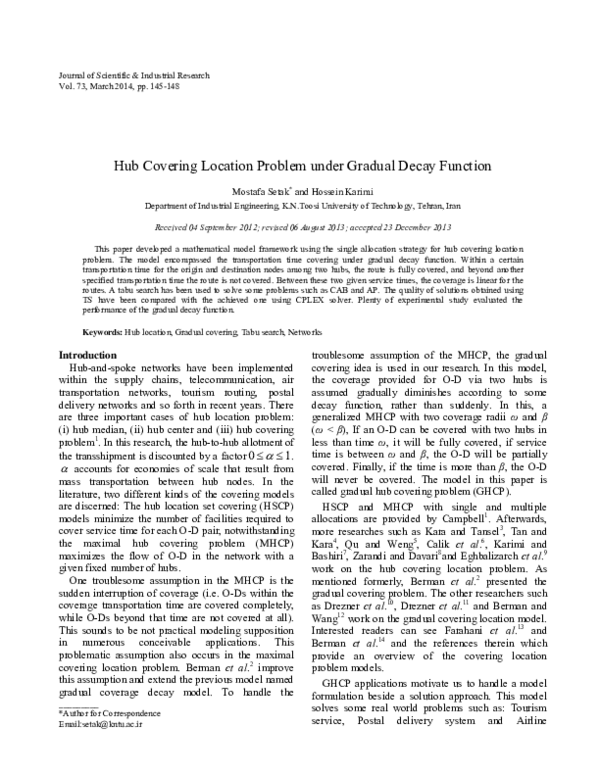 (PDF) Hub Covering Location Problem under Gradual Decay Function