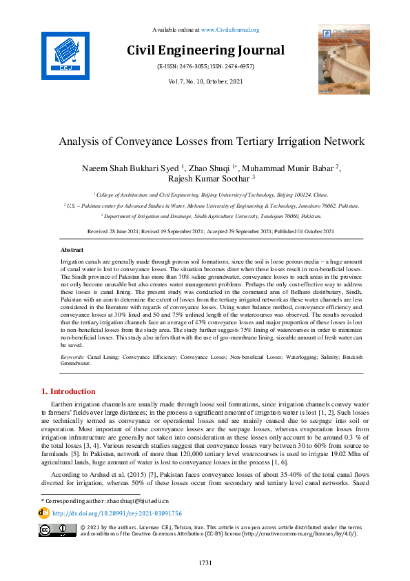 (PDF) Analysis of Conveyance Losses from Tertiary Irrigation Network
