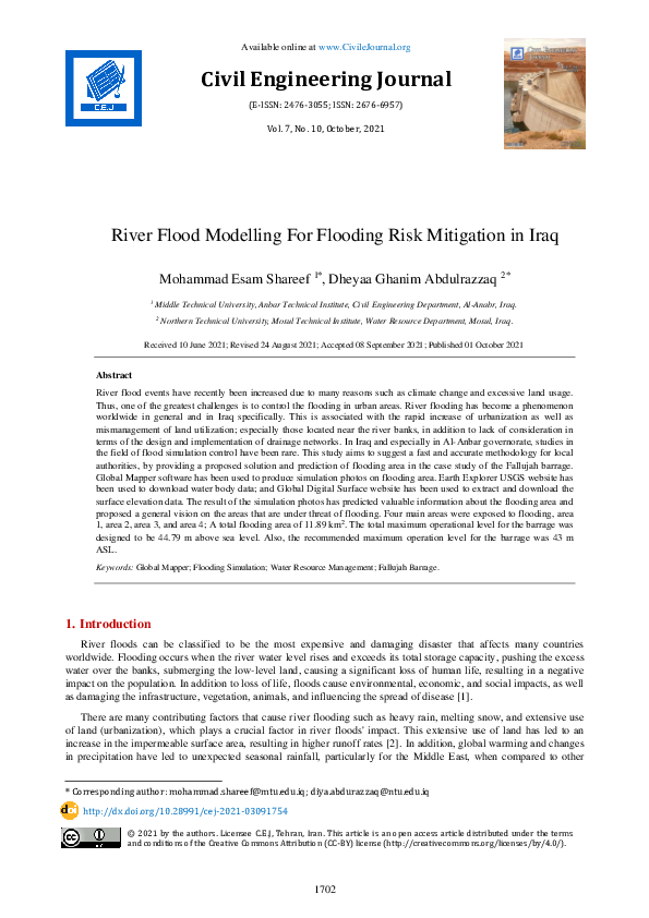 (PDF) River Flood Modelling For Flooding Risk Mitigation in Iraq