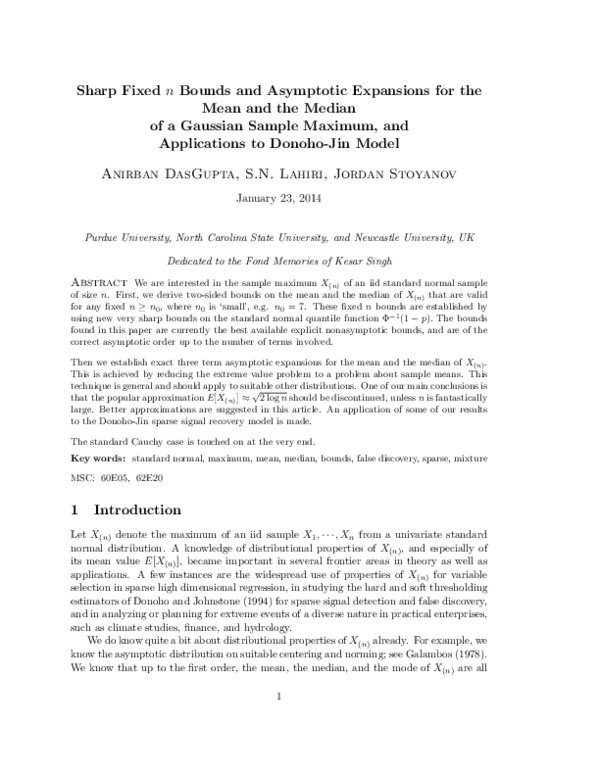 (PDF) Sharp fixed bounds and asymptotic expansions for the mean and the median of a Gaussian ...