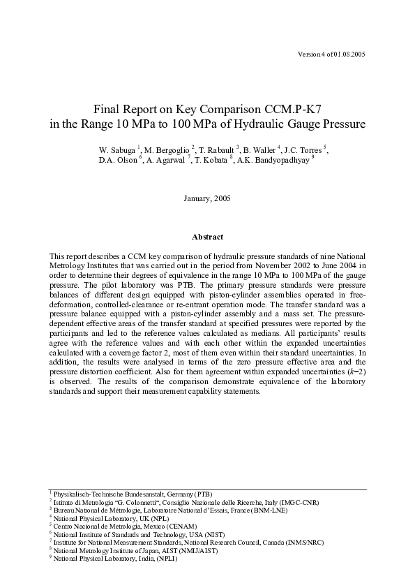 (PDF) Final Report on Key Comparison CCM.P-K7 in the range 10 MPa to ...