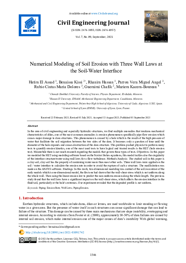 (PDF) Numerical Modeling of Soil Erosion with Three Wall Laws at the ...