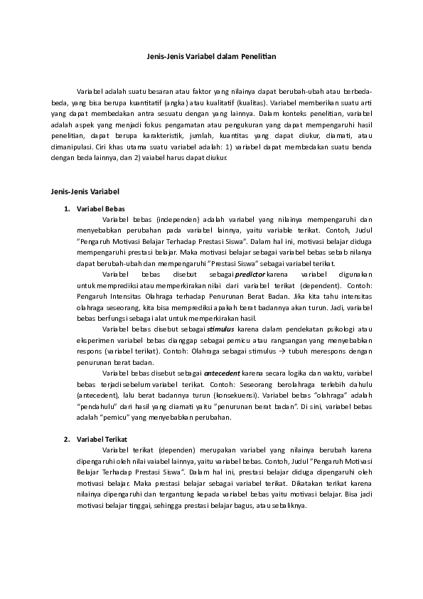 (PDF) Jenis-Jenis Variabel dalam Penelitian