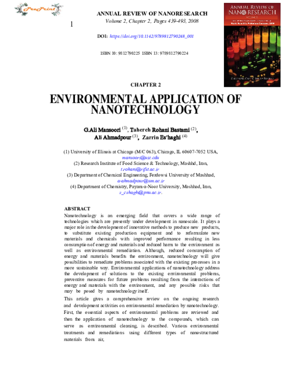 (PDF) ENVIRONMENTAL APPLICATION OF NANOTECHNOLOGY