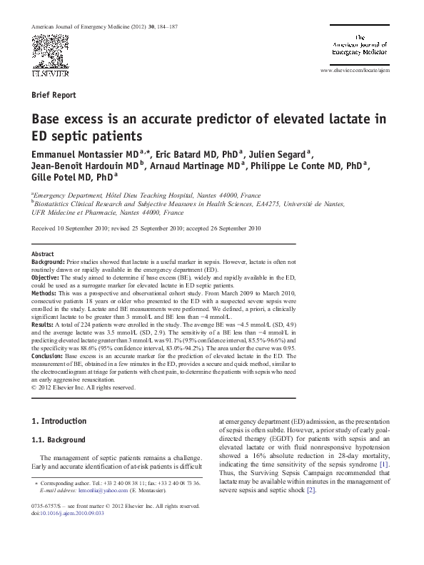 (PDF) Base excess is an accurate predictor of elevated lactate in ED ...