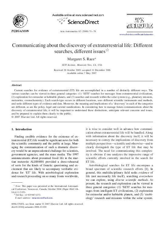 (PDF) Communicating about the discovery of extraterrestrial life ...