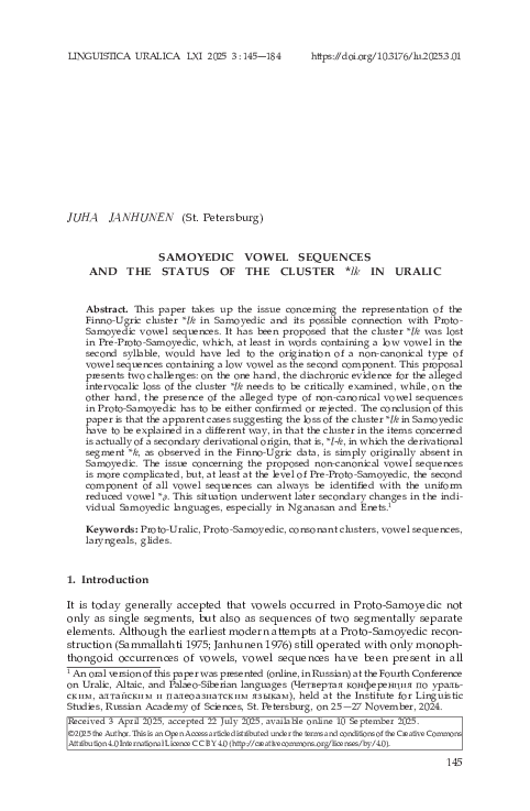 (PDF) Samoyedic vowel sequences and the status of the cluster *lk in Uralic