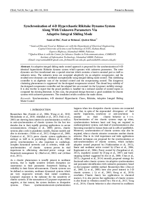 (PDF) Synchronization of A Novel 4-D Hyperchaotic Rikitake Dynamo System Along With Unknown ...