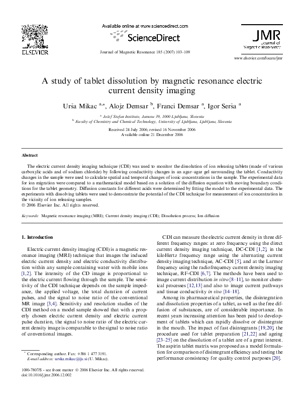 (PDF) A study of tablet dissolution by magnetic resonance electric ...