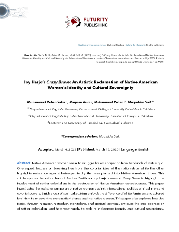 (PDF) Joy Harjo's Crazy Brave: An Artistic Reclamation of Native ...